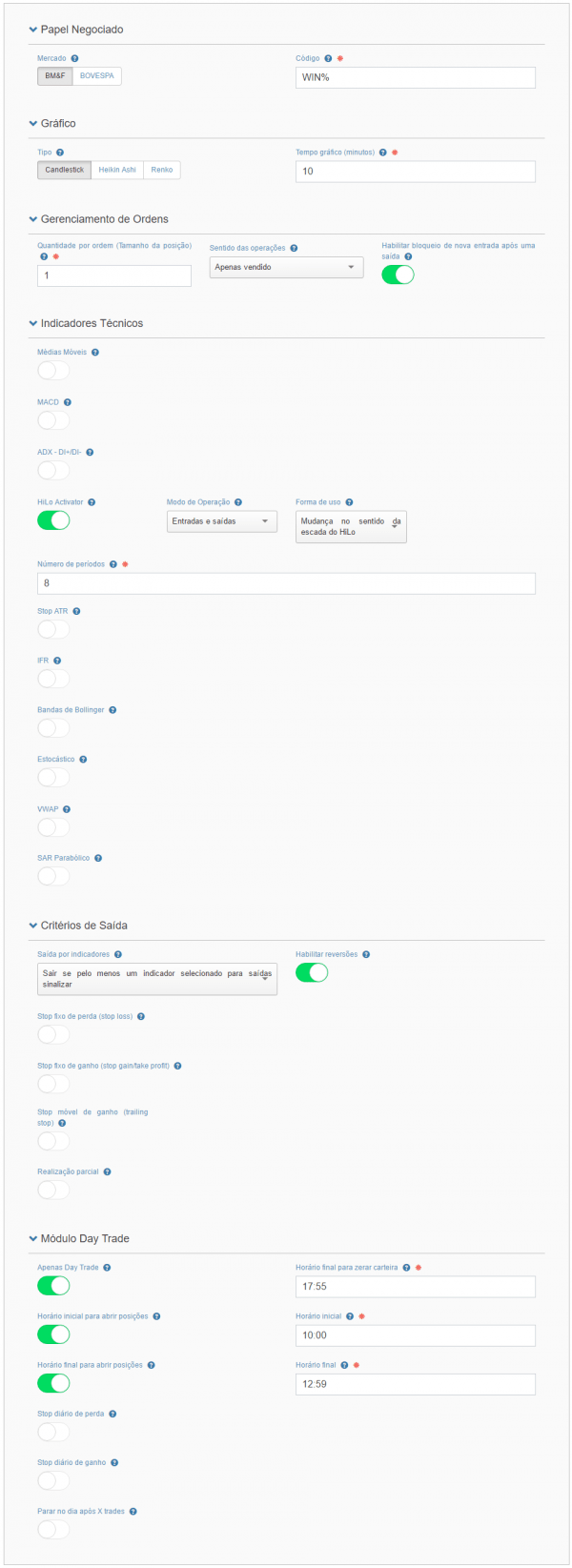 Parâmetros do robô de HiLo8 Vendido WIN | SmarttBot